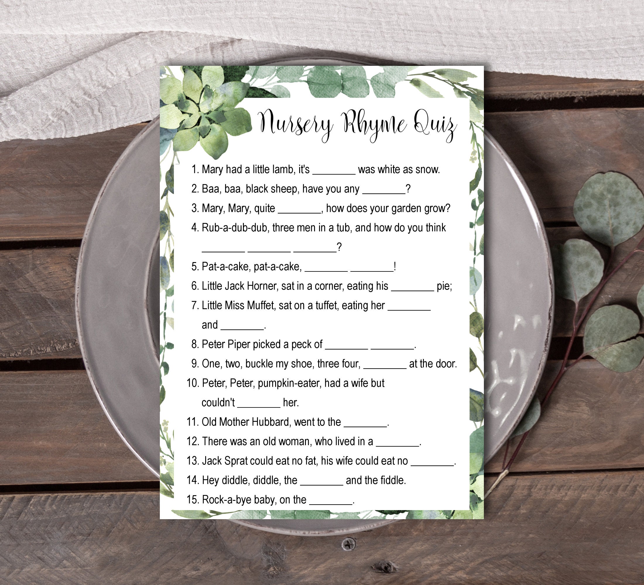 Nursery Rhyme Quiz Greenery Baby Shower Game Printable | Etsy