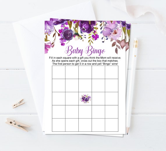 Baby Shower Bingo Cards Purple Baby Shower Game Printable Baby Bingo ...