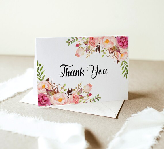 Thank You Cards Printable Pink Floral Boho Folded Thank You Note Cards ...