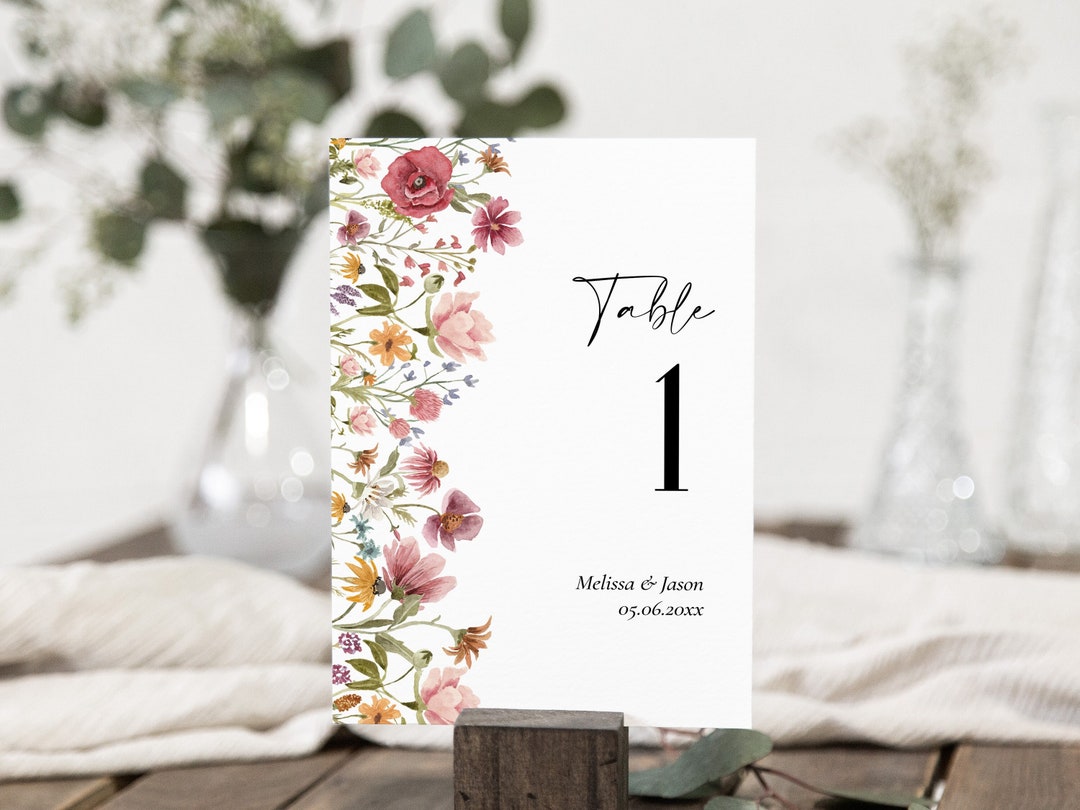 Editable Wildflower Table Number Card Template Floral Wedding Seating ...