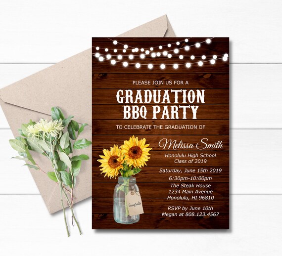 Graduation BBQ Invitation Rustic Graduation Invitation Sunflowers ...