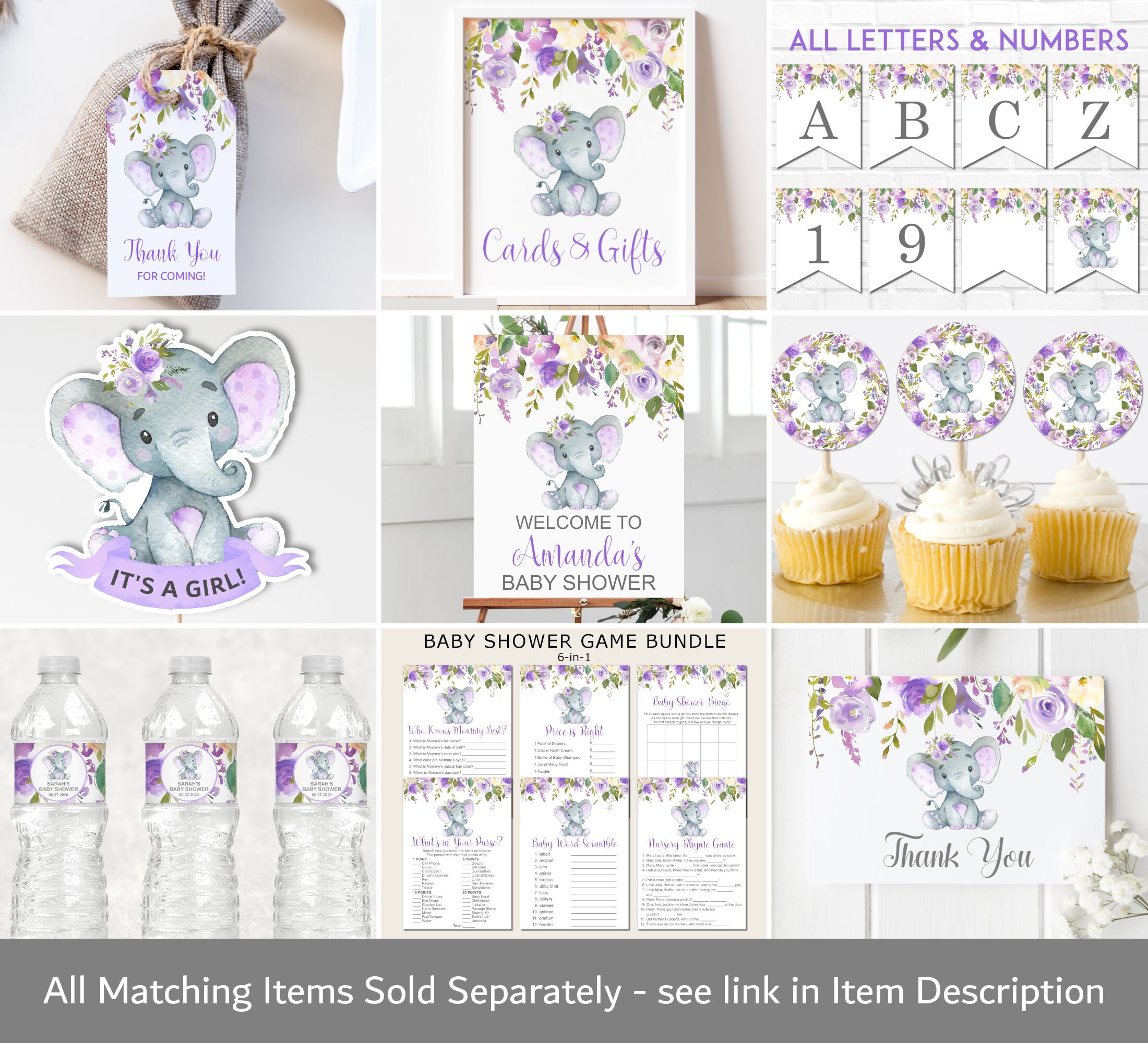Elephant Baby Shower Games Printable Game Bundle Purple Elephant Girl ...
