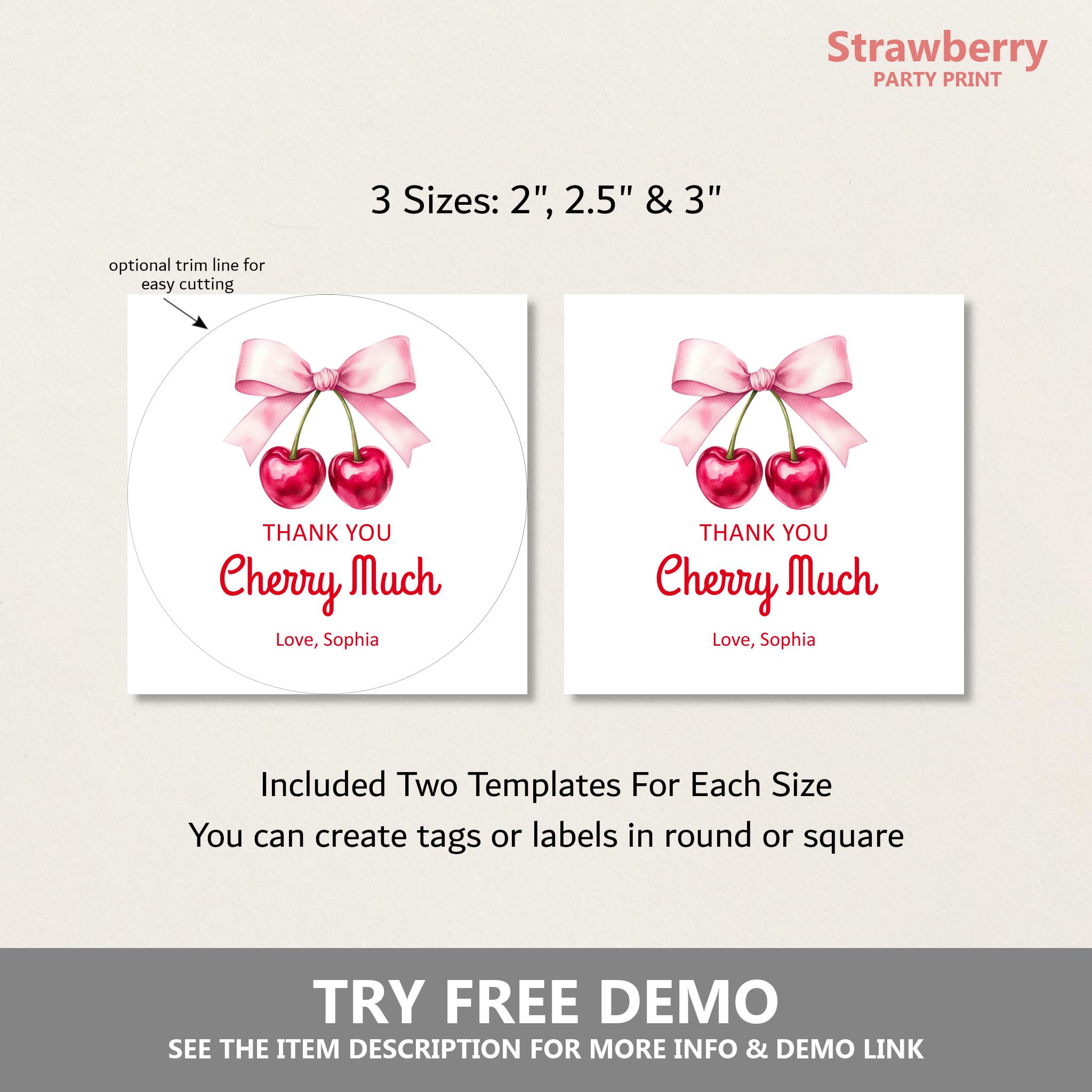 Editable Pink Bow Cherry Thank You Tag Cherry on Top Party Favor Tag ...