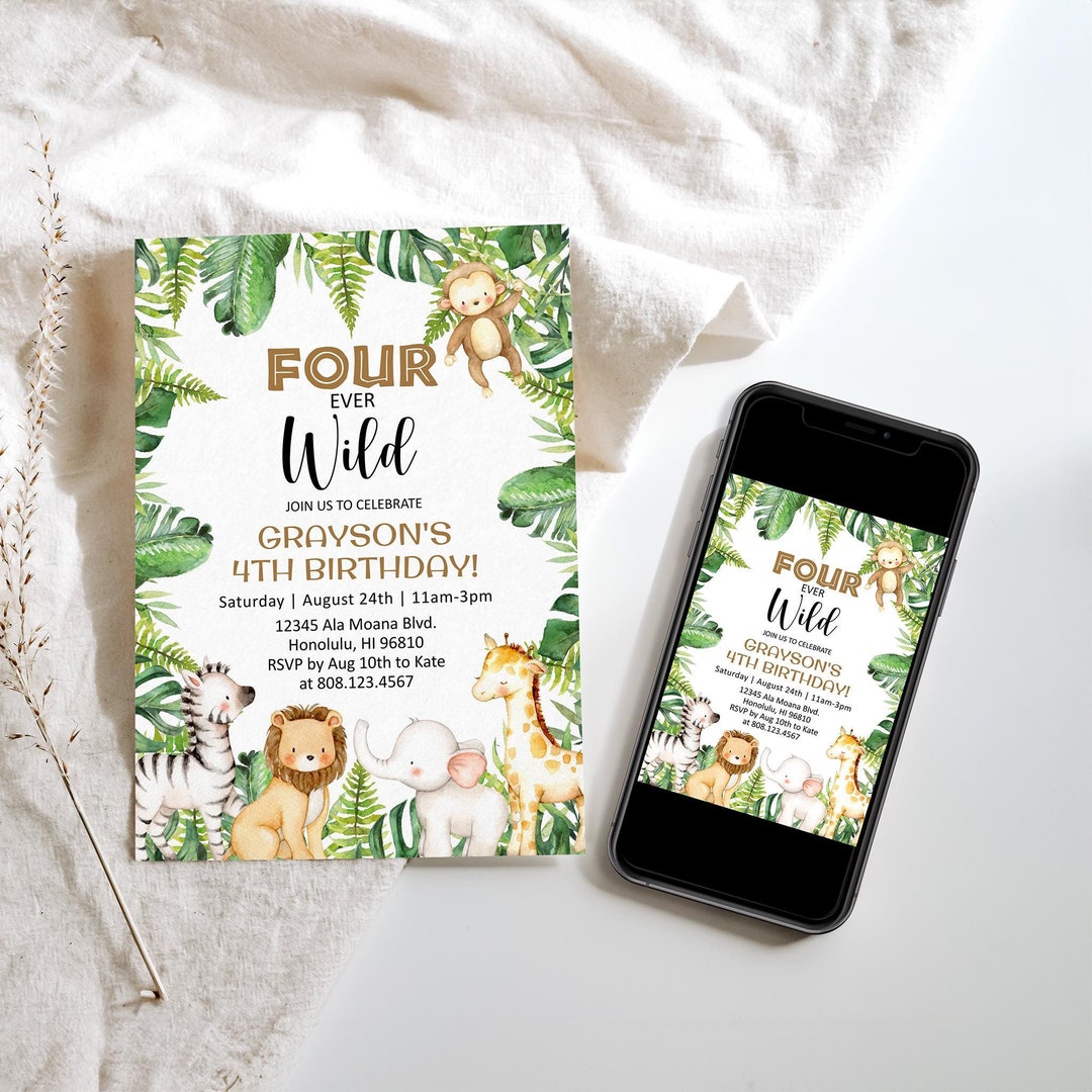Editable Safari Birthday Invitation Four Ever Wild Birthday Invite 4th ...