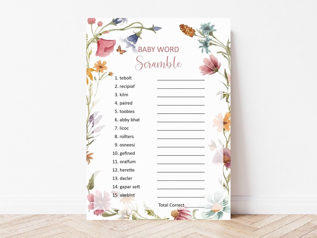 Floral Wildflower Baby Shower Baby Word Scramble Game, Baby in Bloom ...