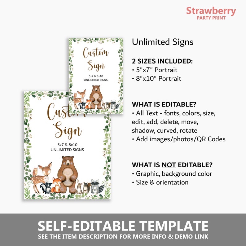 Editable Woodland Animals Custom Sign Greenery Woodland Baby Shower ...