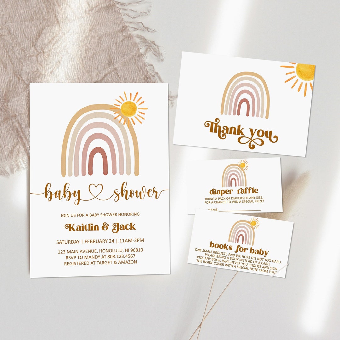 Editable Boho Rainbow Baby Shower Invitation Bundle Pastel Rainbow Baby ...