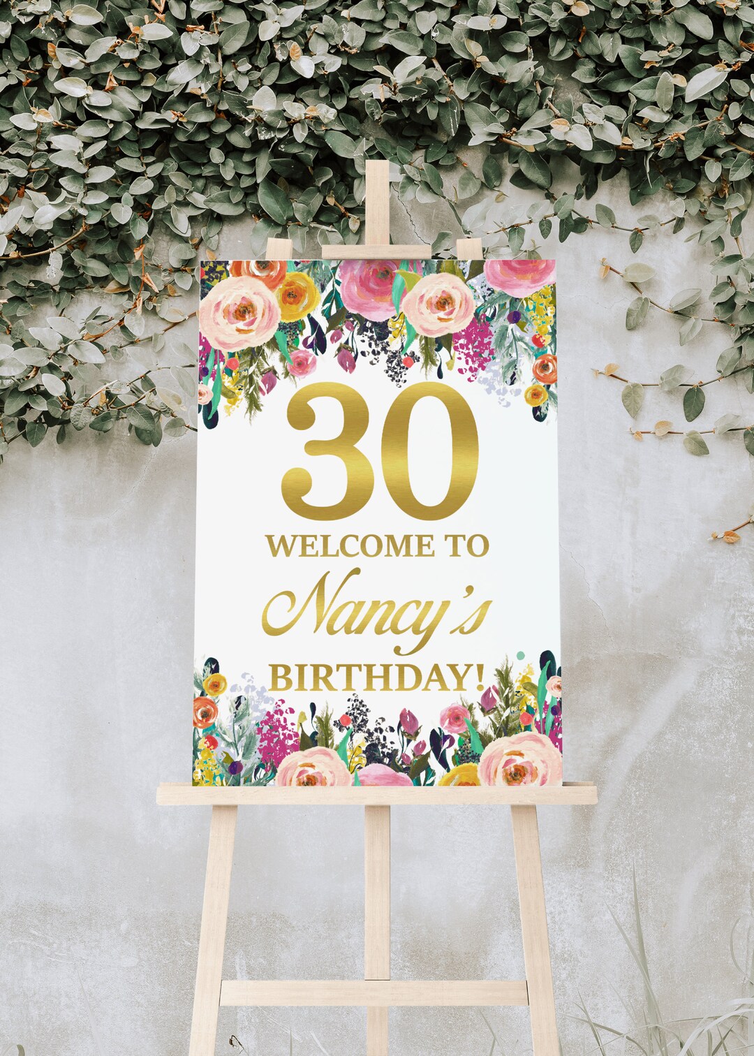 30th Birthday Welcome Sign Floral Birthday Welcome Poster Any Age Gold ...