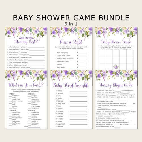 Girl Floral Baby Shower Game Package 8 Printable Purple | Etsy