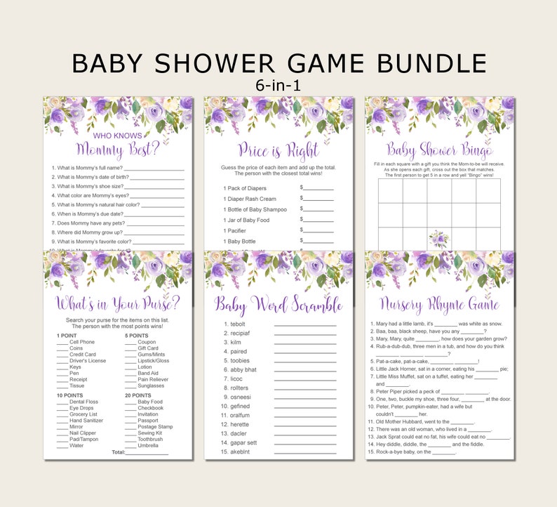 Purple Baby Shower Game Bundle Games Printable Baby Shower | Etsy