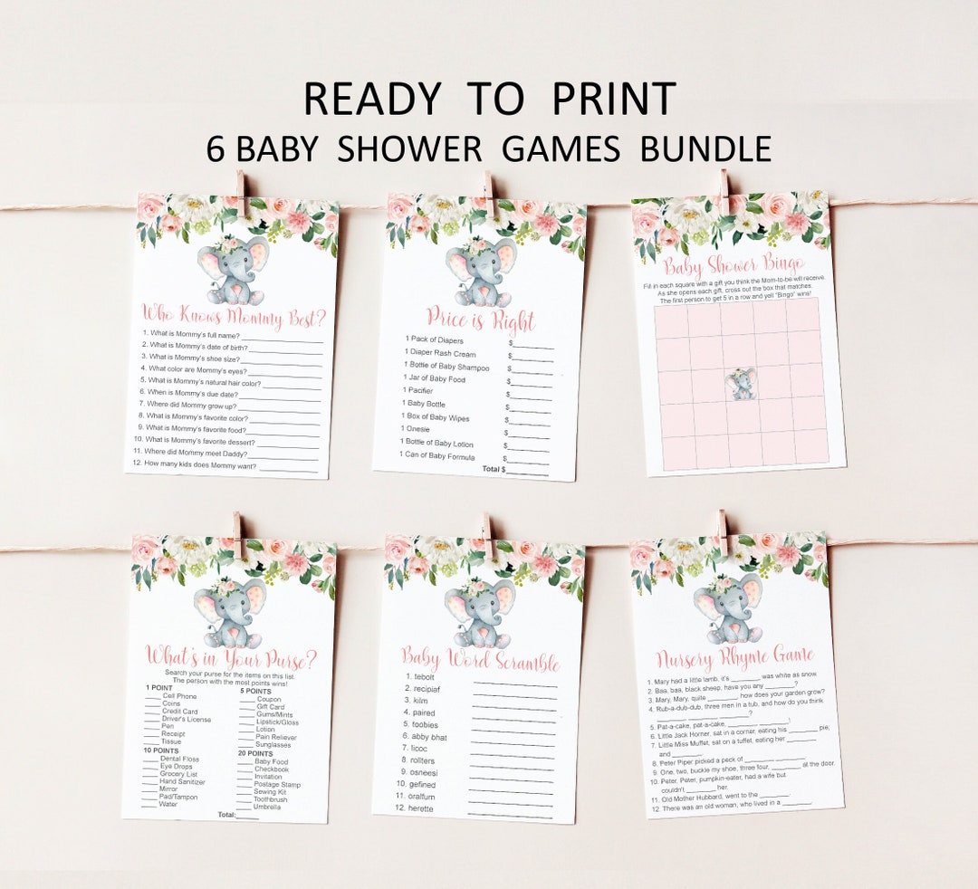 Elephant Baby Shower Games Printable Game Bundle Pink Elephant Girl ...