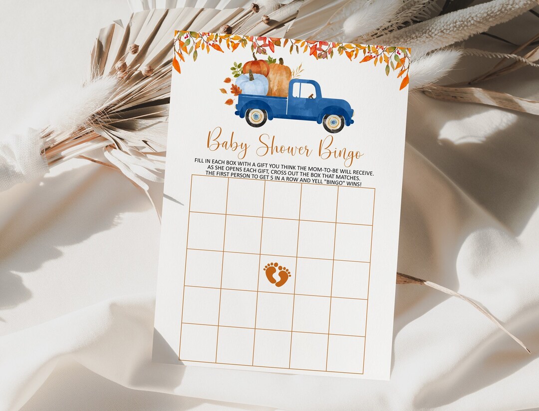 Fall Baby Shower Bingo Card Blue Truck Pumpkin Baby Shower Game ...