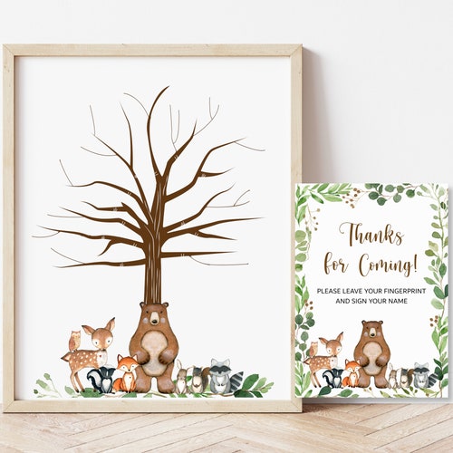 Forest Animals Fingerprint Tree Sign Baby Shower Thumbprint - Etsy