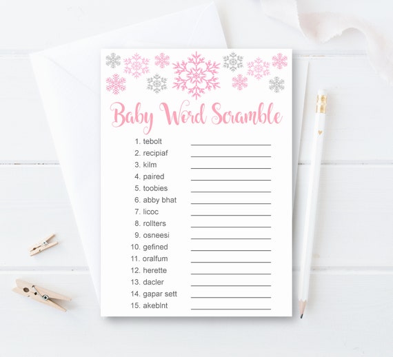 Baby Word Scramble with Answers Winter Baby Shower Game Pink and Silver ...