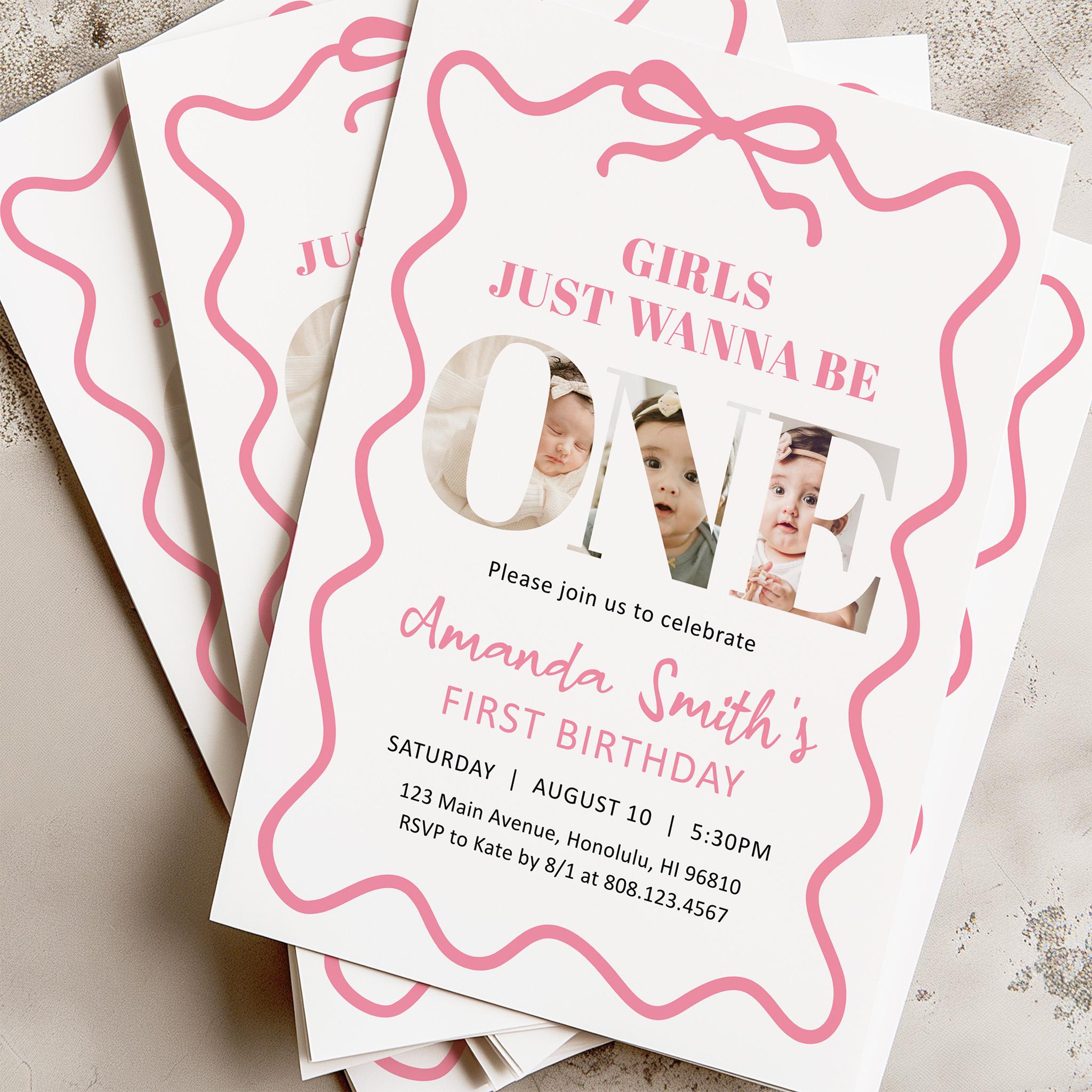 Editable Girls Just Wanna Be One Birthday Invite With Photo, Pink Bow ...
