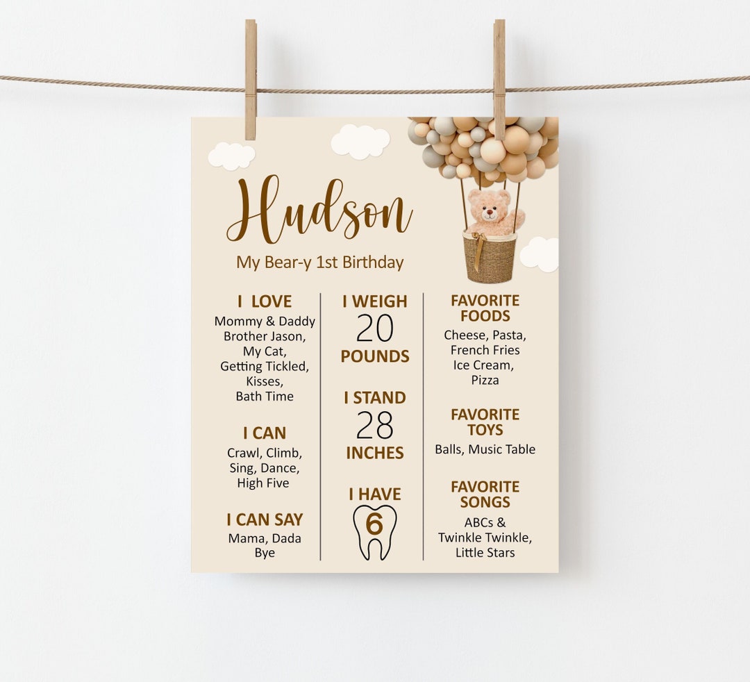 CUSTOM Teddy Bear Birthday Milestone Board Beary First Birthday Poster ...
