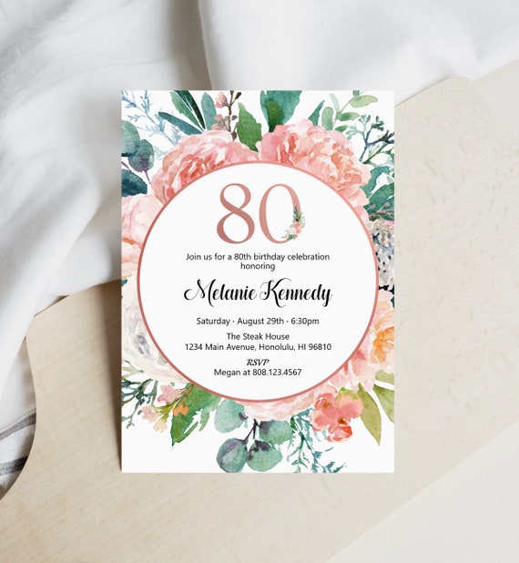 CUSTOM 80th Birthday Invitation Eighty Birthday Party Invite Rose Gold ...