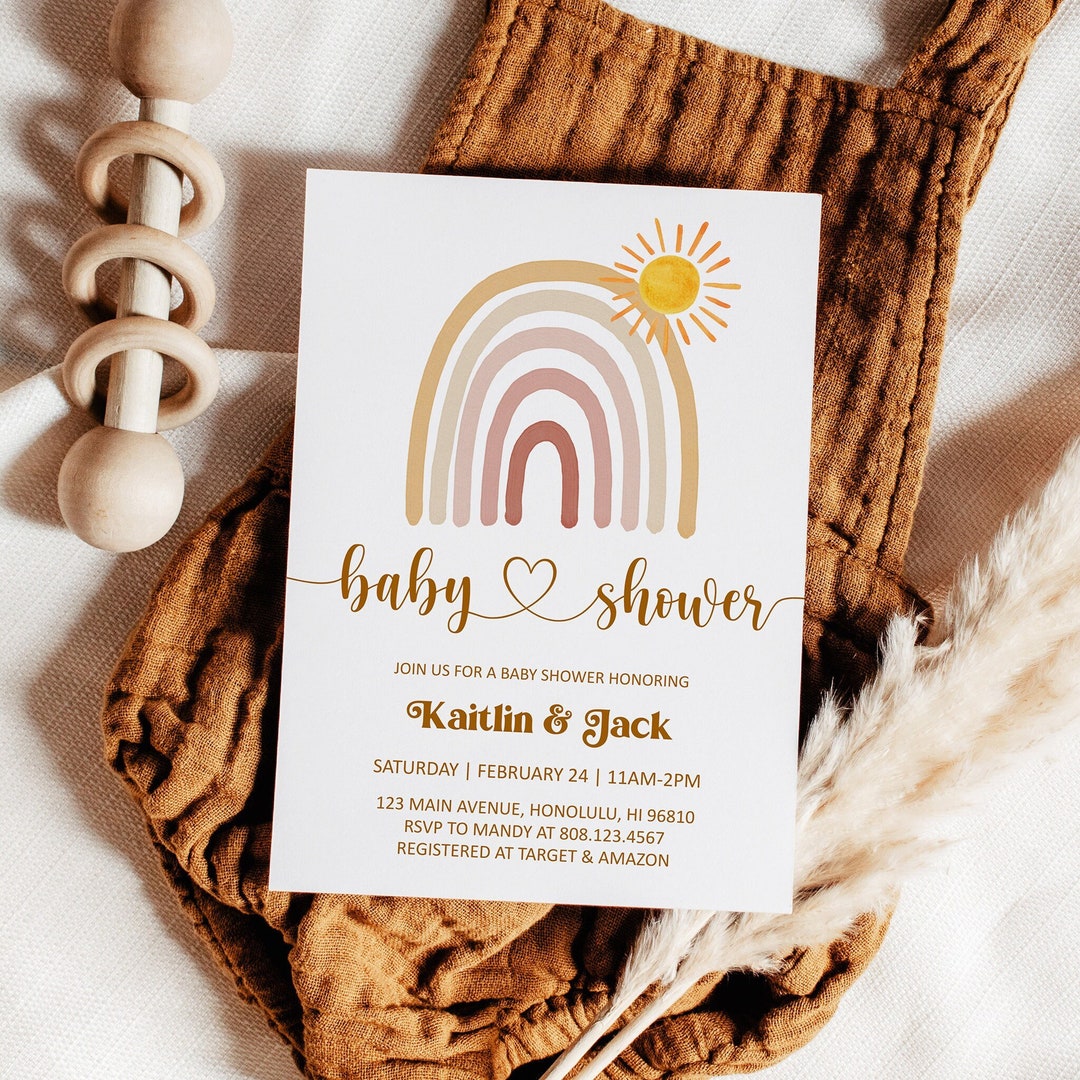 Editable Boho Rainbow Baby Shower Invitation Pastel Rainbow Baby Shower ...