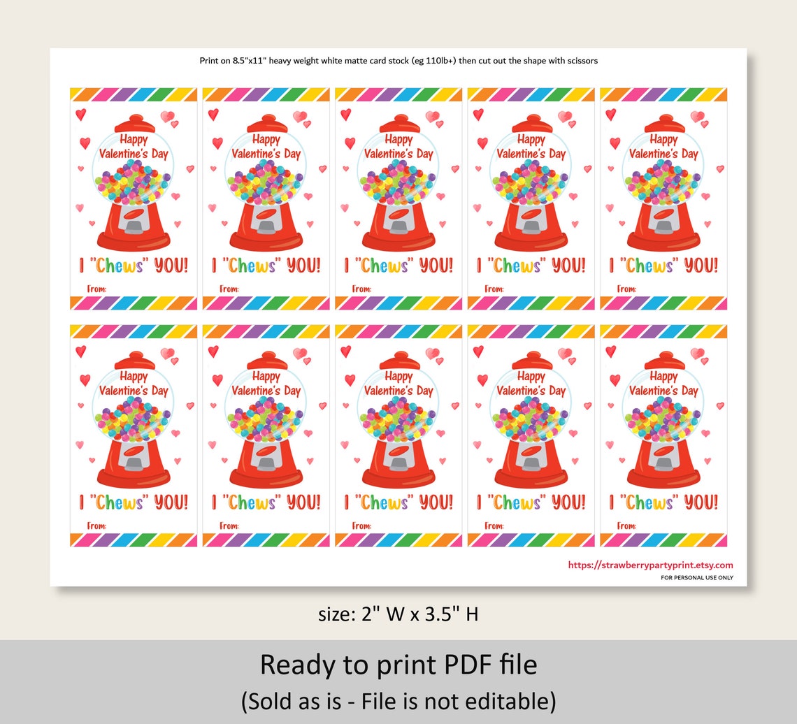 Kids Valentine Tag Bubble Gum Valentines Day Gift Tag I Chews - Etsy