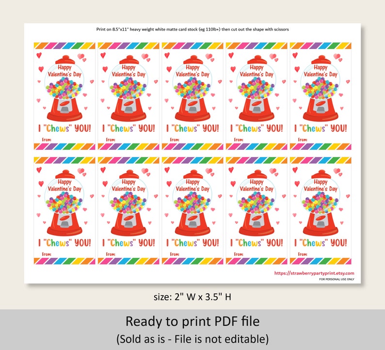 Kids Valentine Tag Bubble Gum Valentines Day Gift Tag I Chews - Etsy