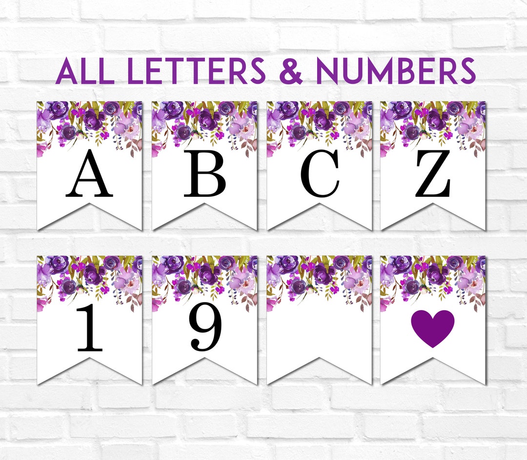 Purple Floral Printable Banner Alphabet A-Z & Numbers Boho Flowers Flag ...