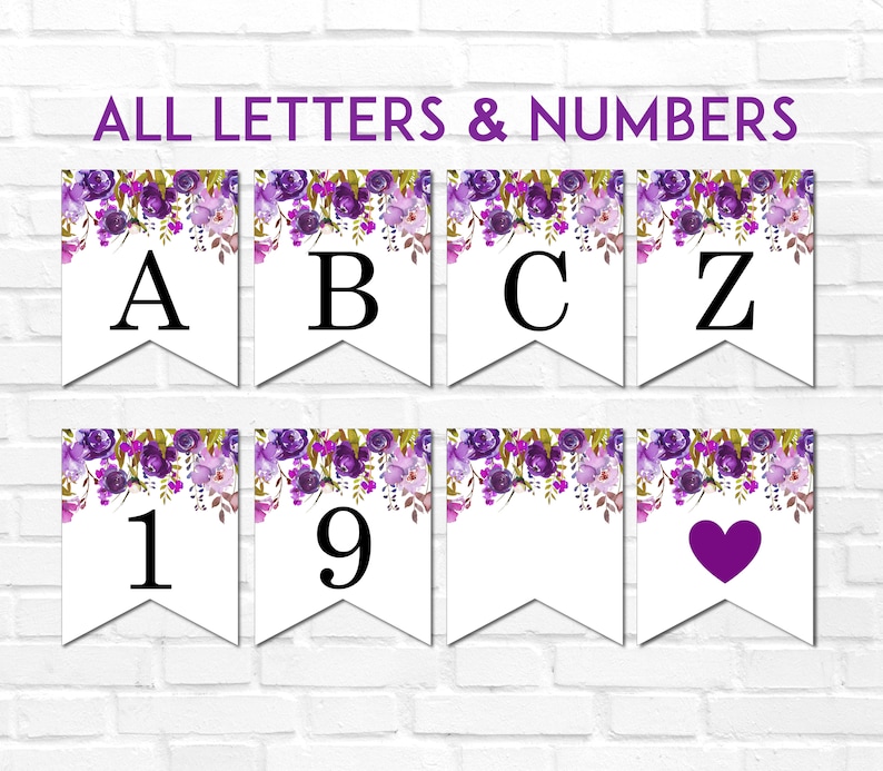Purple Floral Printable Banner Alphabet A-Z & Numbers Boho - Etsy
