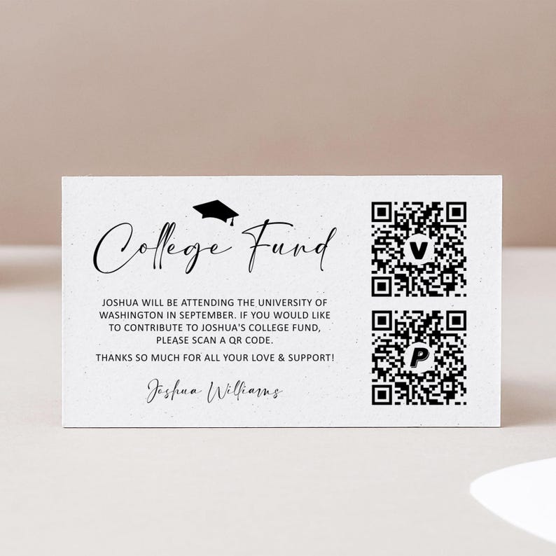 Editable College Fund Qr Code Card Graduation Money Gift Venmo Card