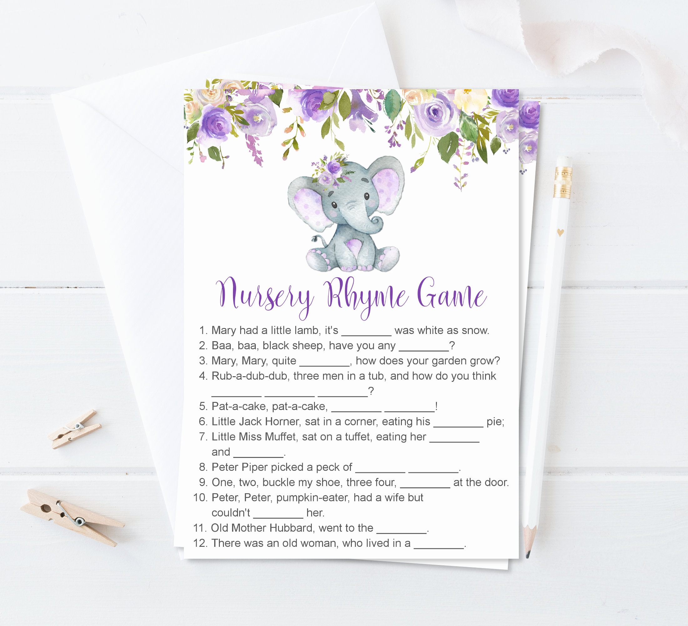 Elephant Baby Shower Games Printable Game Bundle Purple Elephant Girl ...