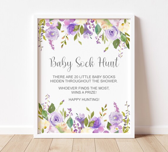 Purple Baby Sock Hunt Game Sign Sock Hunting Purple Baby Shower Game ...