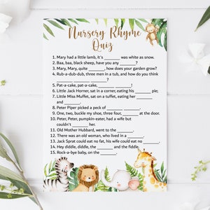 Nursery Rhyme Quiz Game Jungle Baby Shower Game Safari Animals Baby ...