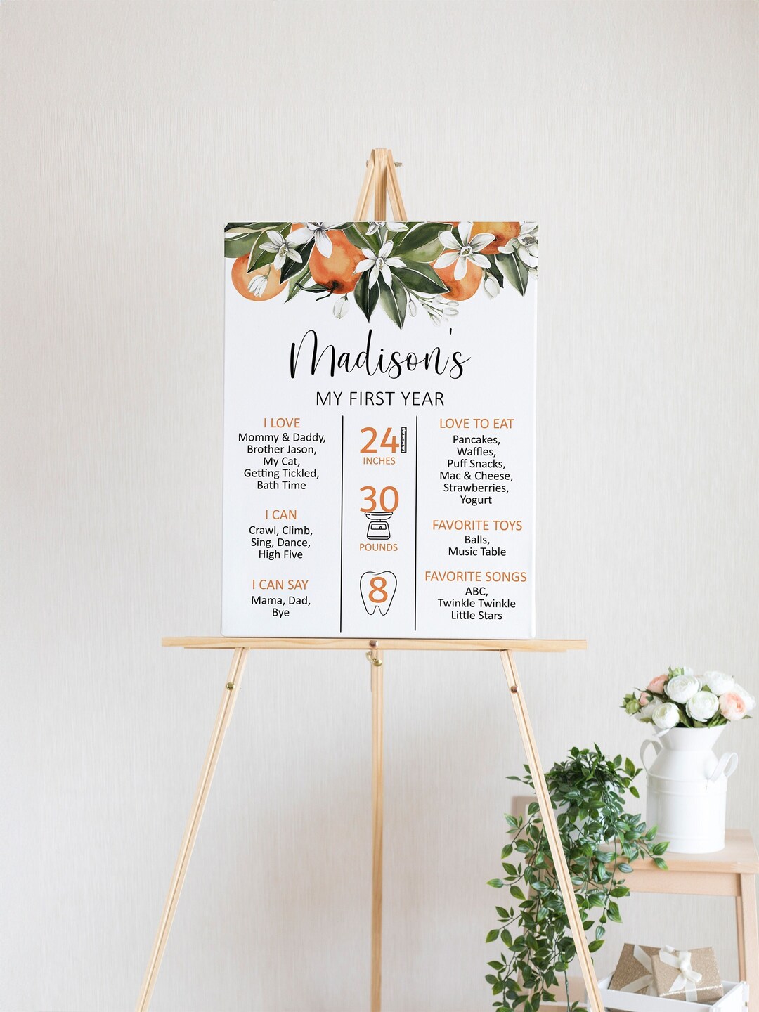 Editable Citrus Birthday Milestone Board Baby Stats Poster Printable ...