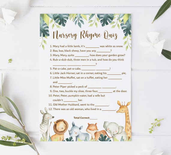 Nursery Rhyme Quiz Game Jungle Baby Shower Games Printable Jungle ...