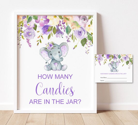 Elephant Guess How Many Candies Game Purple Elephant Baby Shower Candy 