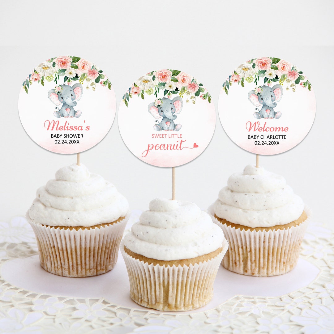 Editable Elephant Baby Shower Cupcake Toppers Pink Elephant Girl Little ...