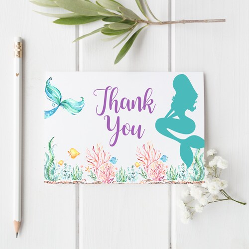 EDITABLE Mermaid Thank You Cards Under the Sea Birthday - Etsy