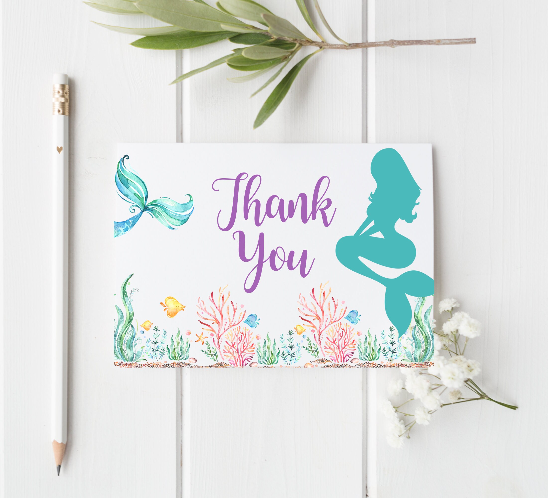 Mermaid Thank You Card Printable Folded Thank You Note Card Under the ...
