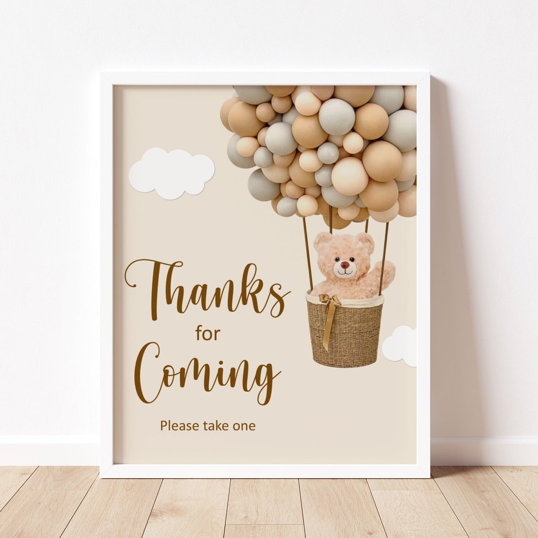 Thanks for Coming Sign Teddy Bear We Can Bearly Wait Baby Shower Hot Air Balloon Bear Birthday ...