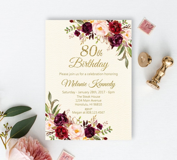 Custom Any Age 80th Birthday Invitation Women Birthday Gold Glitter