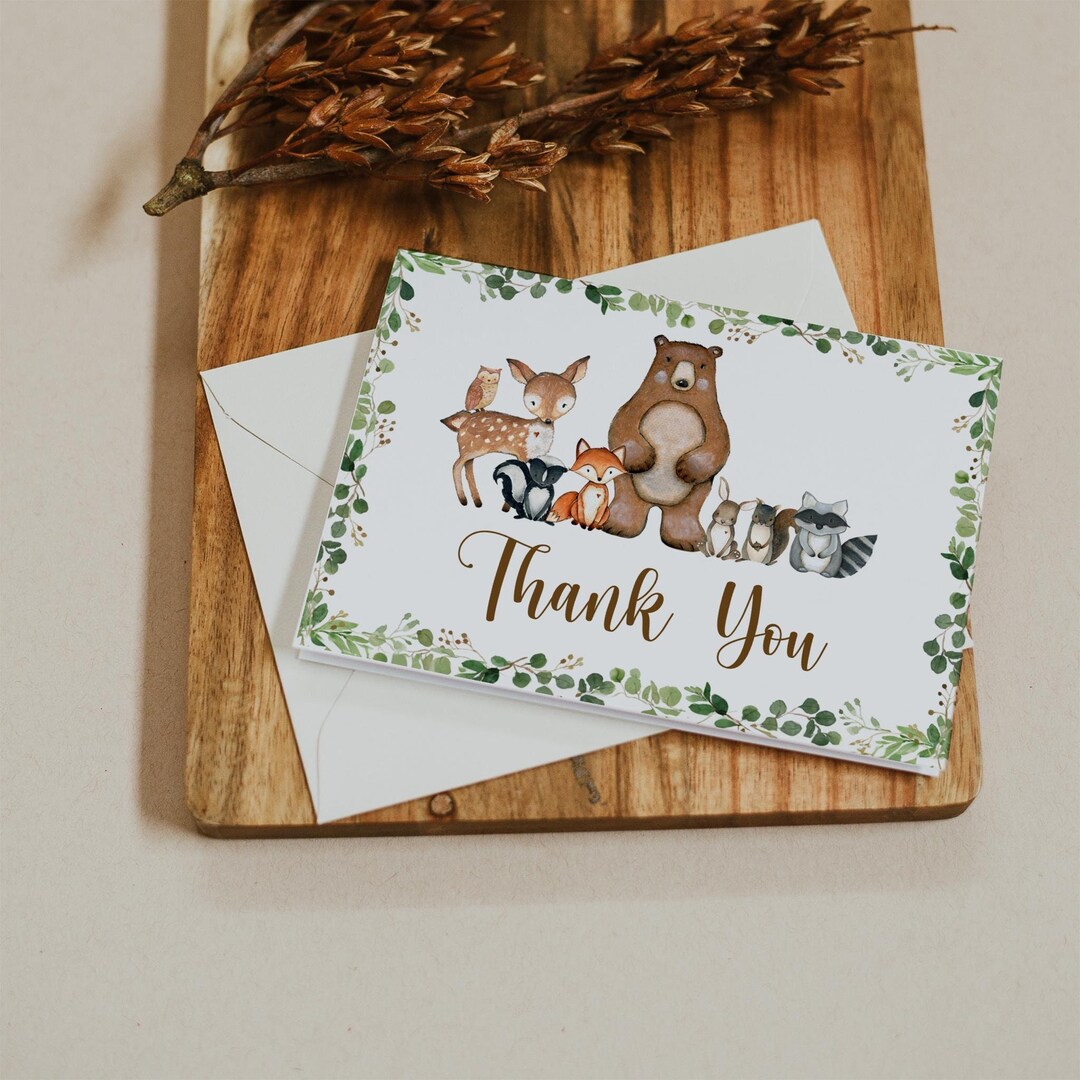 Editable Woodland Animals Thank You Card Greenery Woodland Baby Shower ...