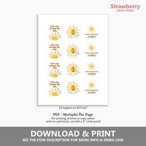 Editable Sun Birthday Cupcake Toppers First Trip Around the Sun Boho ...