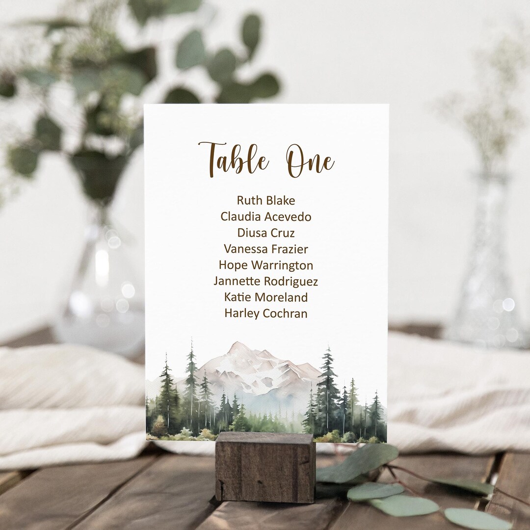 Editable Forest Mountain Seating Chart Card Table Number Card Template ...