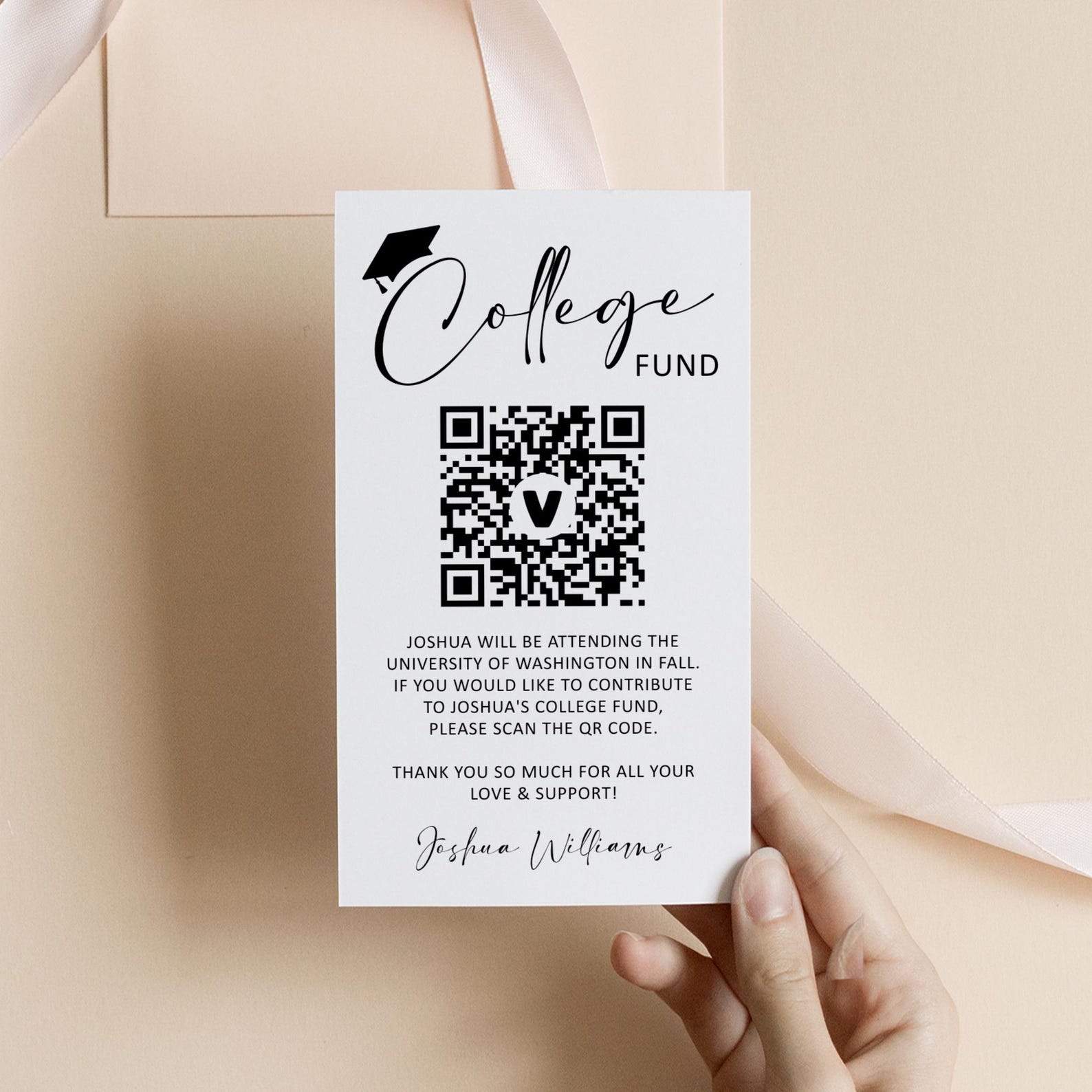 Editable College Fund QR Code Card Graduation Money Gift Venmo Card ...