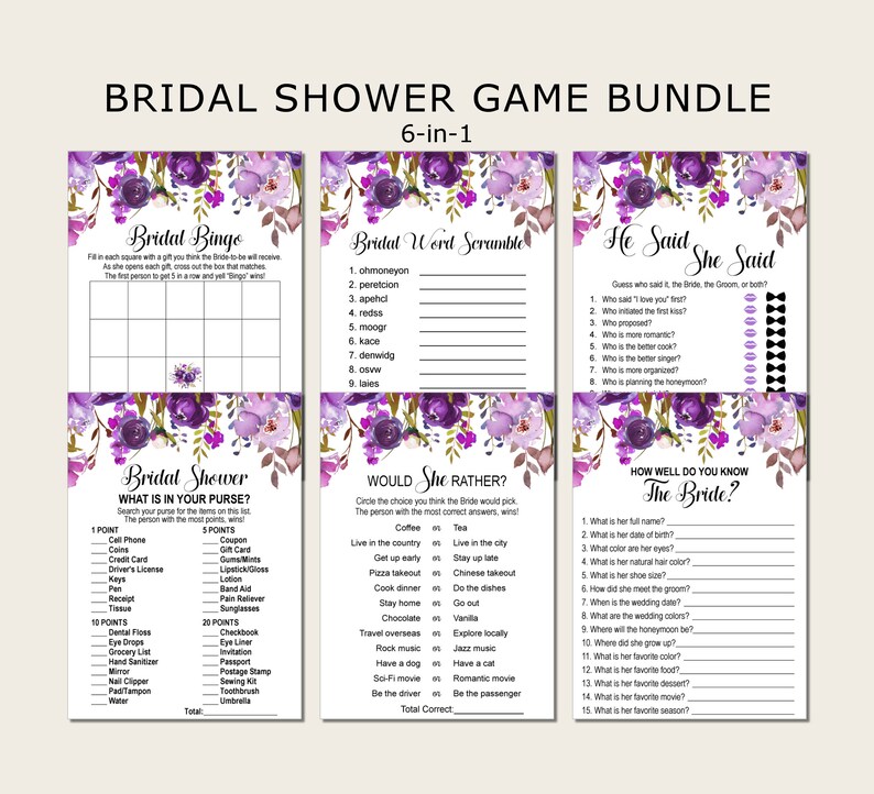 Bridal Shower Games Printable Purple Bridal Shower Game Bundle - Etsy