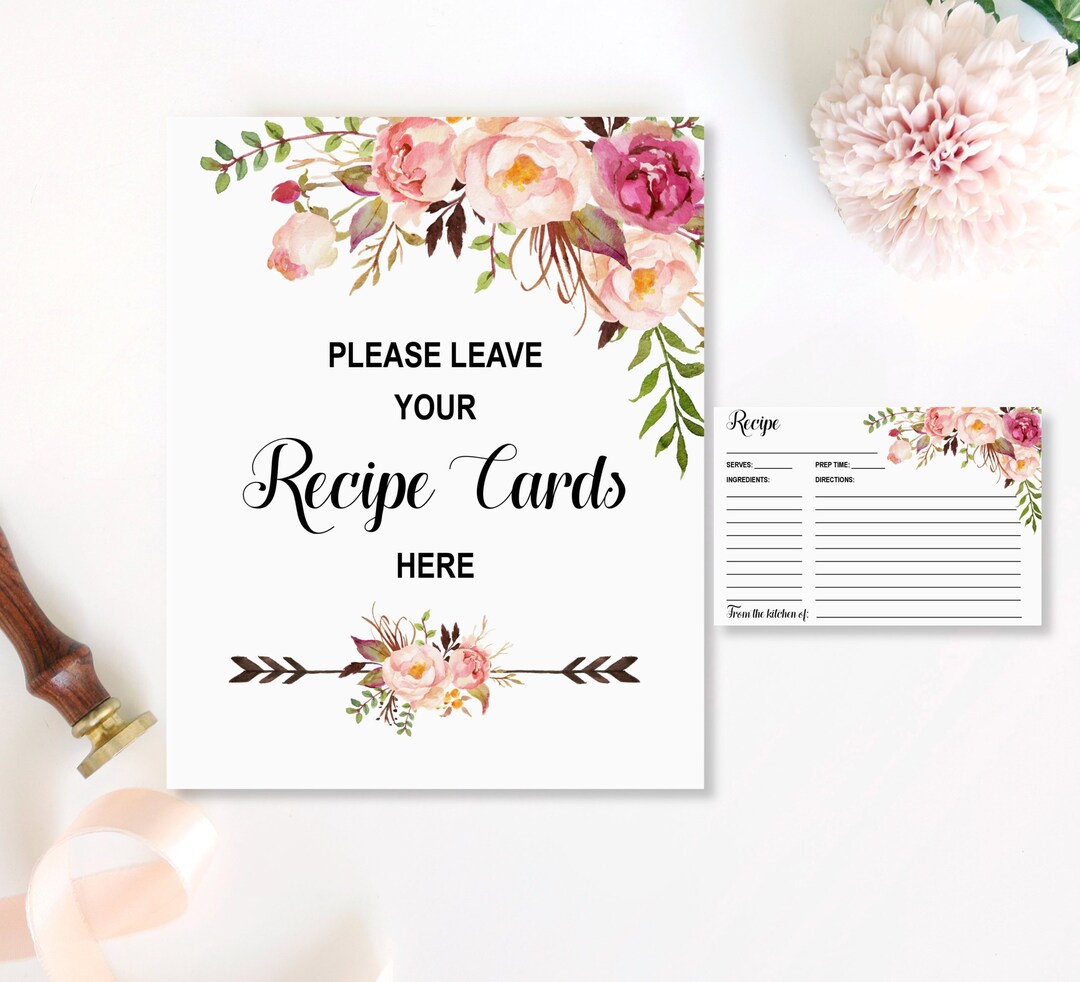 Pink Floral Recipe Cards Printable Boho Bridal Shower Recipe Template ...