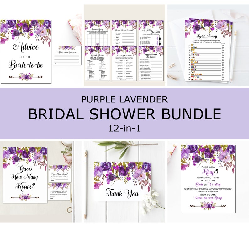 Bridal Shower Games Printable Purple Bridal Shower Game Bundle - Etsy