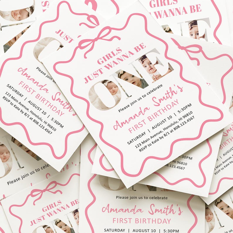 Editable Girls Just Wanna Be One Birthday Invite With Photo, Pink Bow ...