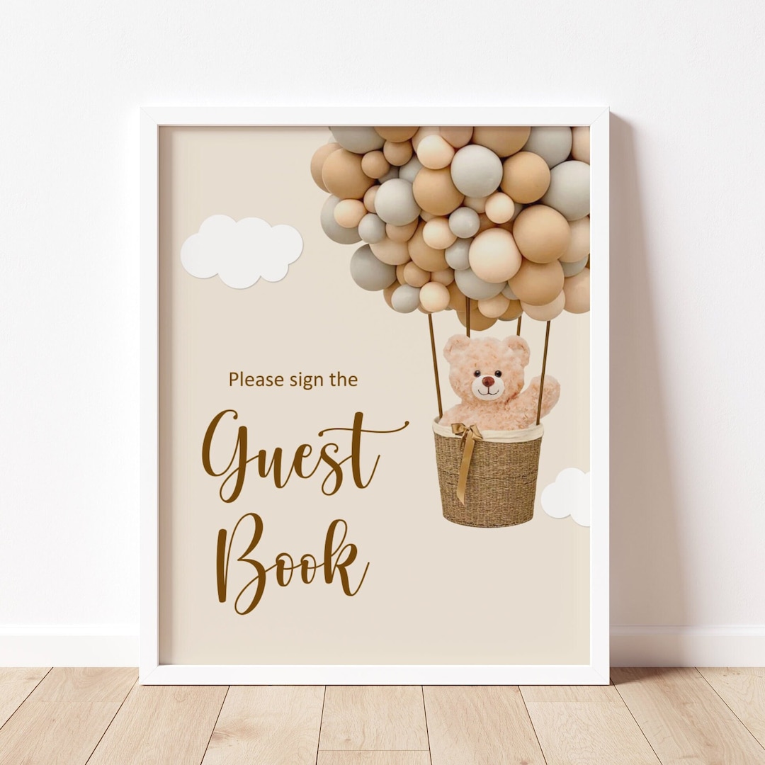 Guest Book Sign Teddy Bear We Can Bearly Wait Baby Shower Hot Air ...