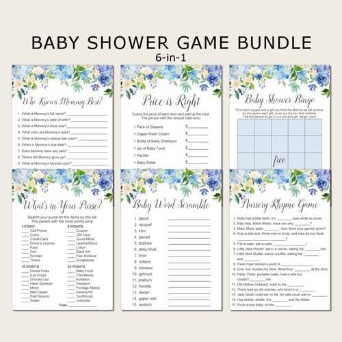 Blue Floral Baby Shower Games Bundle INSTANT DOWNLOAD | Etsy