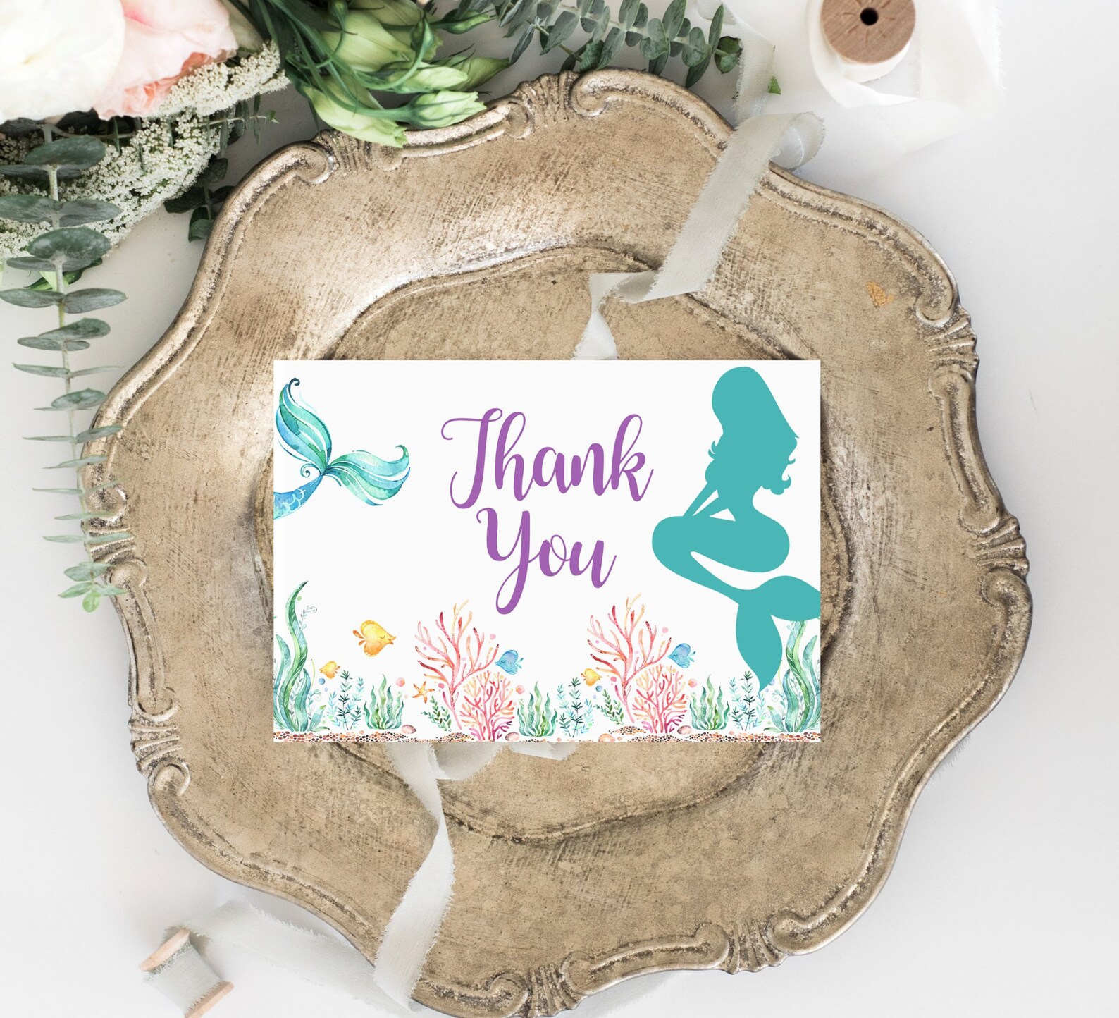 Mermaid Thank You Card Printable Folded Thank You Note Card - Etsy