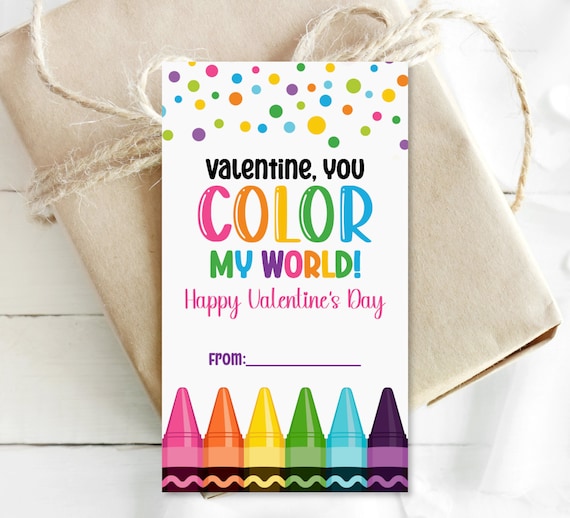 Kids Valentine Tag Crayons You Color My World Valentines Day Gift Tag ...